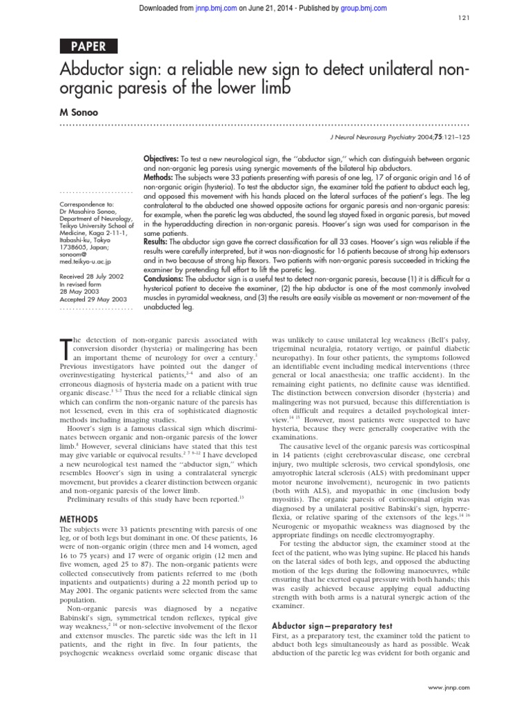 Abductor Sign: A Reliable New Sign To Detect Unilateral Non-Organic ...