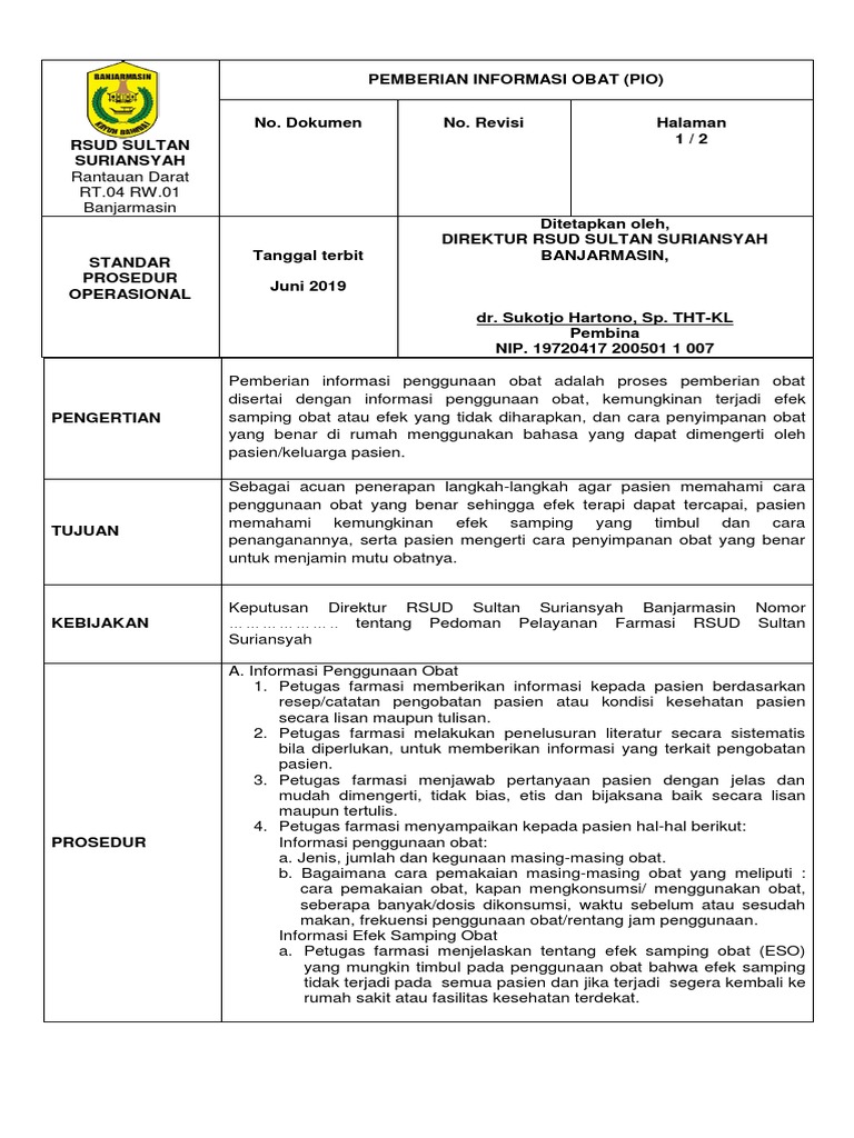 SPO Pemberian Informasi Obat (PIO) Draft Ok | PDF