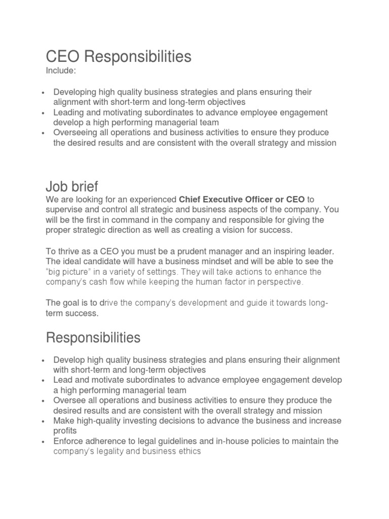 CEO Responsibilities: Job Brief | PDF | Chief Executive Officer ...