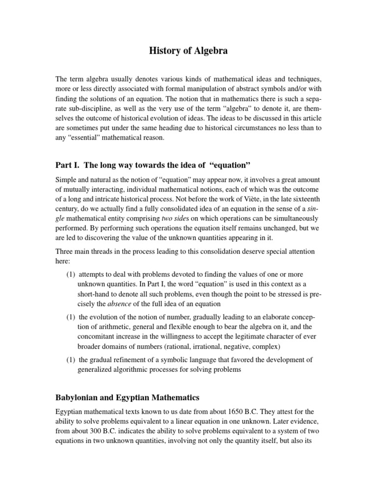 History of Algebra: Part I. The Long Way Towards The Idea of "Equation ...