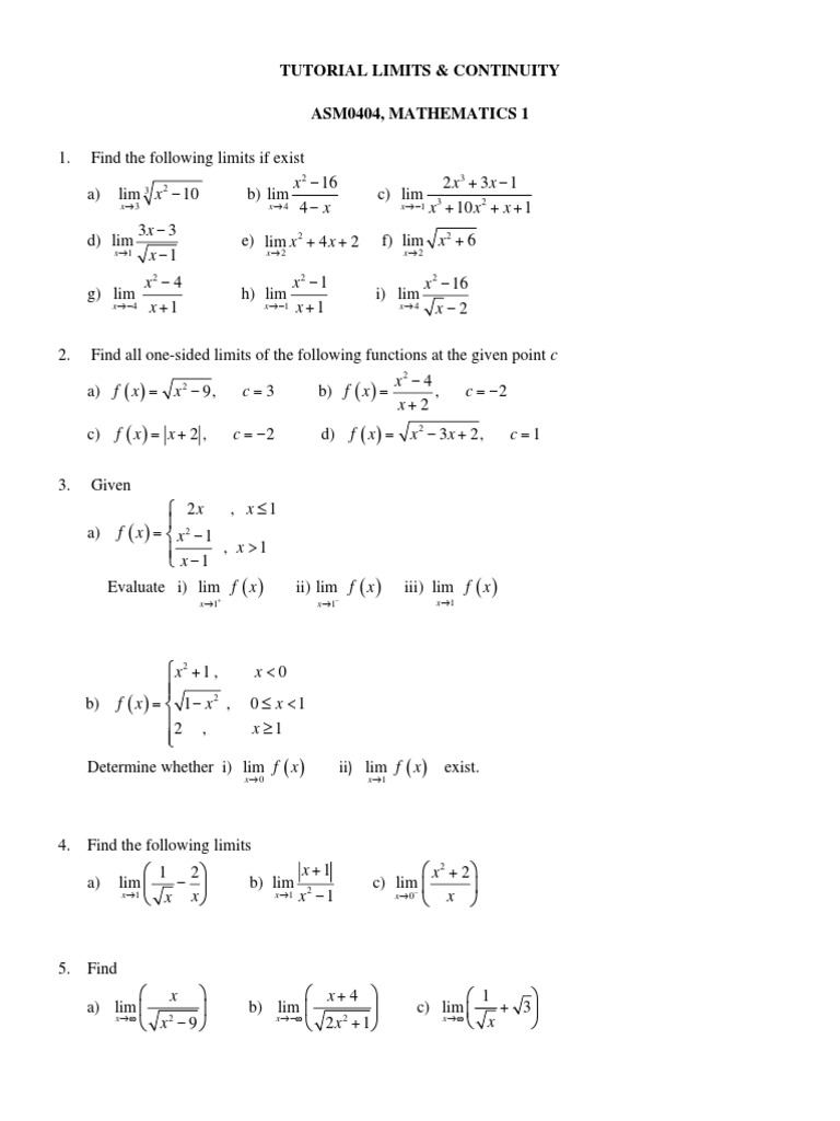 TUTORIAL Limit and Continuity PDF | PDF | Discrete Mathematics | Mathematical Analysis