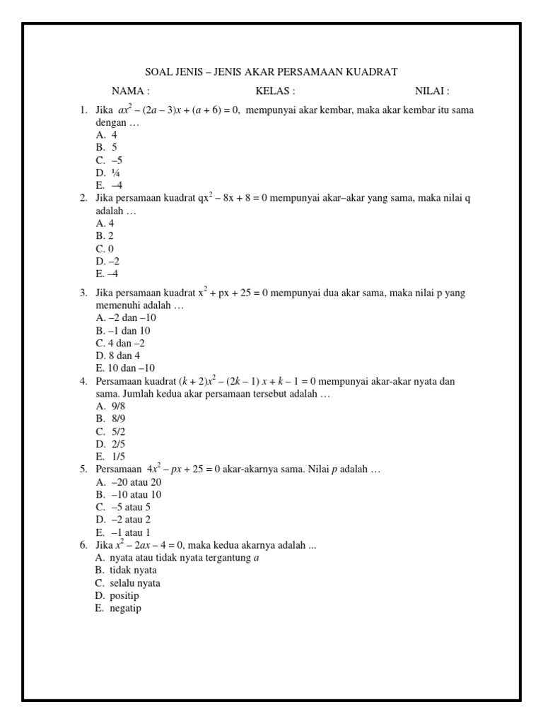 Soal Akar Persamaan Kuadrat | PDF | Metode & Bahan Ajar | Sains & Matematika
