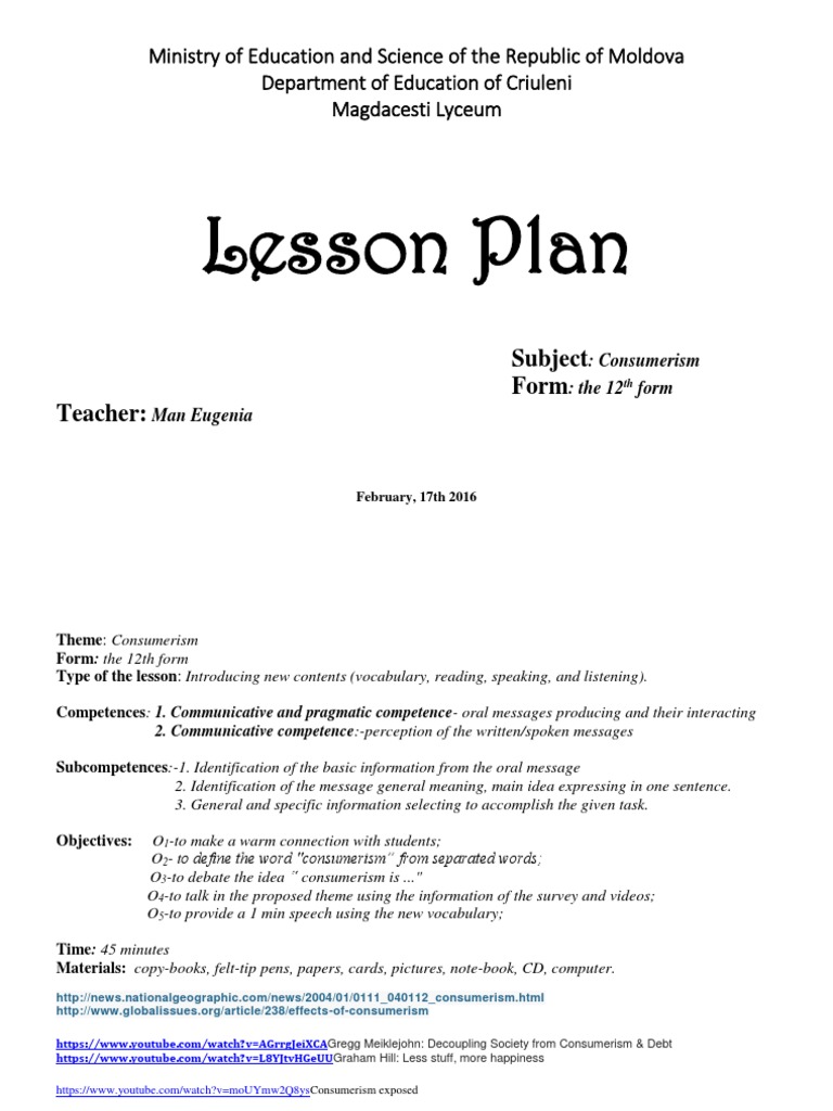12th Grade Consumerism Lesson Plan | PDF | Consumerism | Vocabulary
