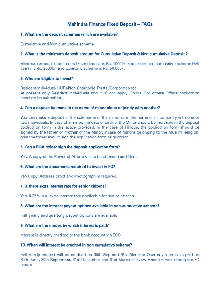 Mahindra Finance Fixed Deposit FAQs | PDF | Service Industries | Banking