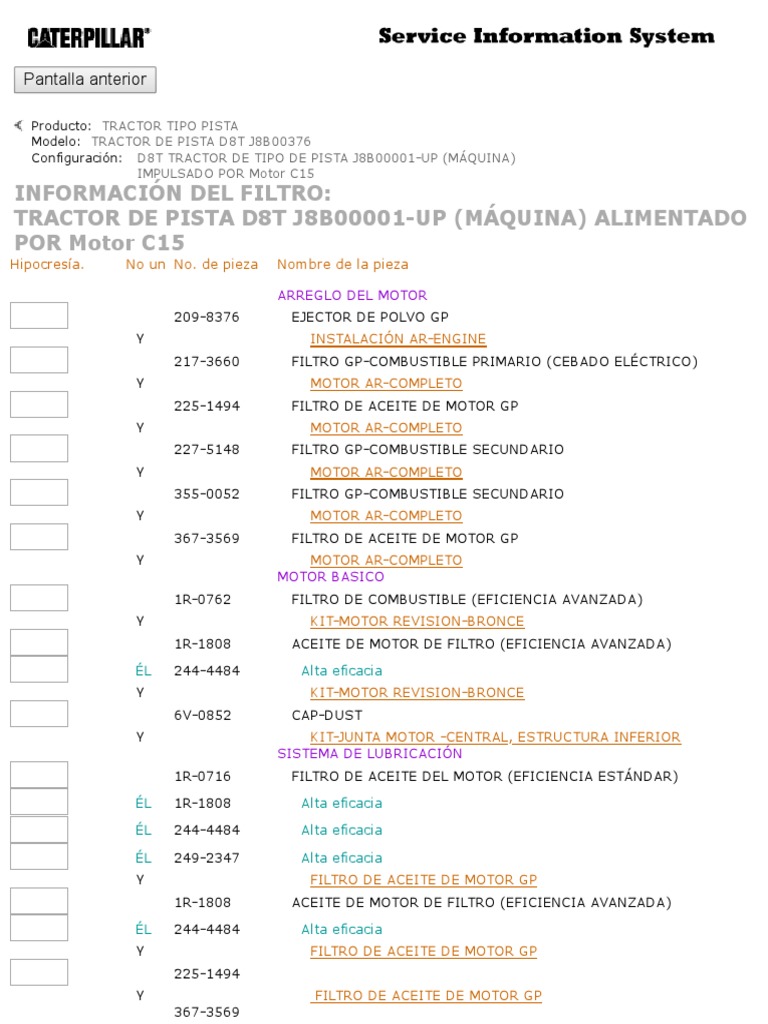 Filltros para MP Topadora Cat D8T - J8B | PDF | Aceite de motor | Motor de combustión interna