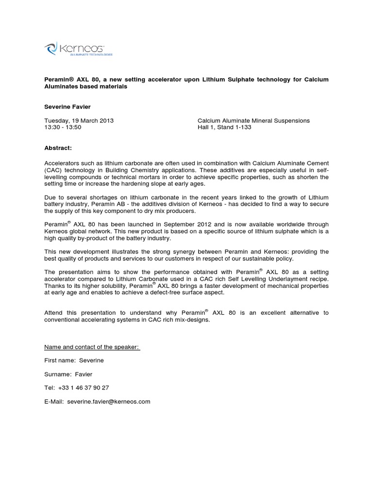 Peramin® AXL 80, A New Setting Accelerator Upon Lithium Sulphate ...