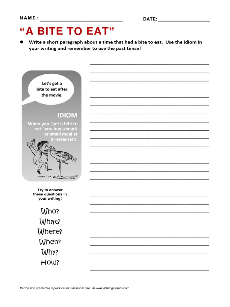 Bite To Eat Idiom Writing Activity | PDF | Communication | Students
