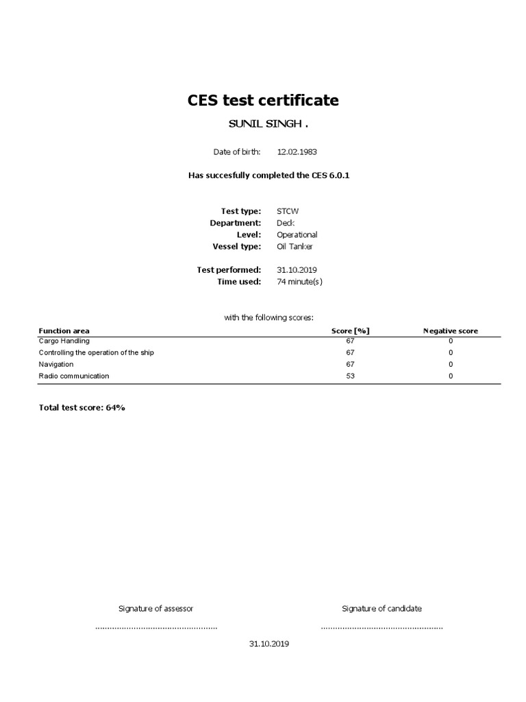 CES Test Certificate | PDF | Ships | Watercraft