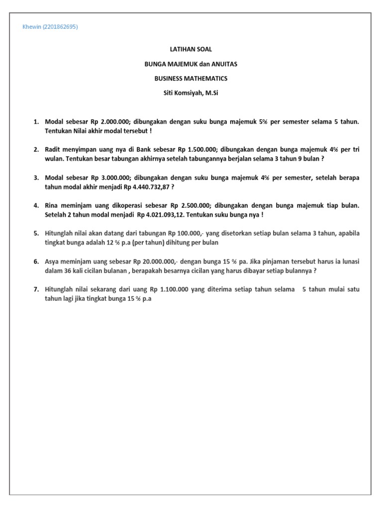 Latihan Soal BUNGA MAJEMUK & ANUITAS PDF | PDF | Pengelolaan Keuangan ...