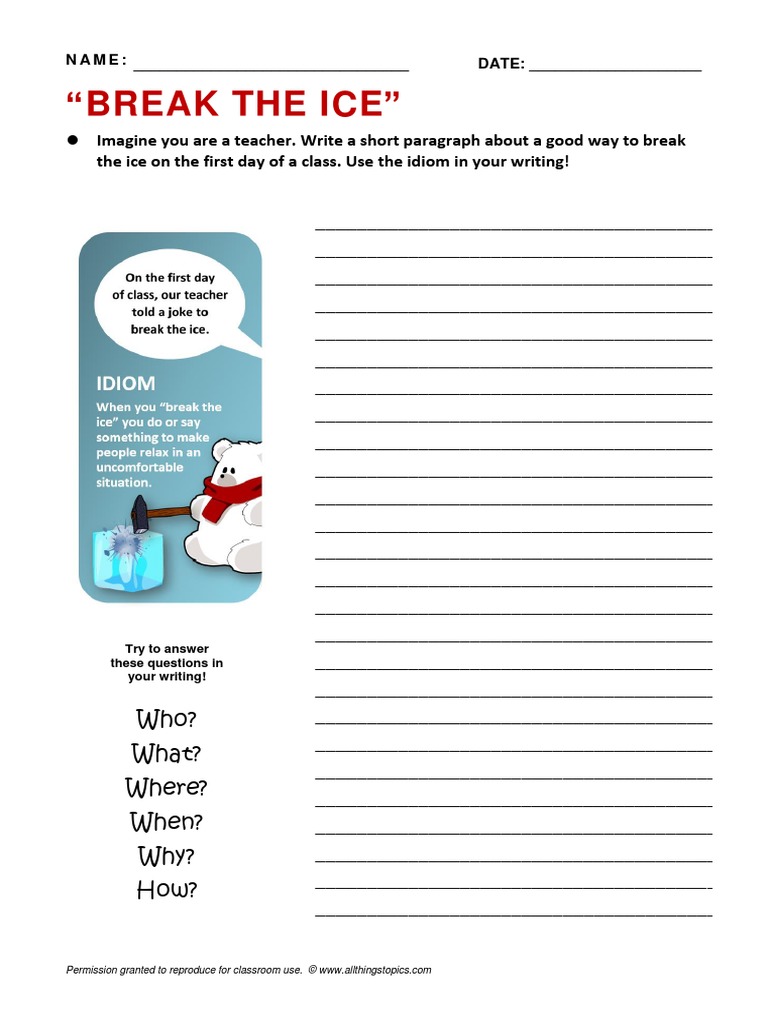 Break Ice Idiom Writing Activity | PDF | Communication | Learning