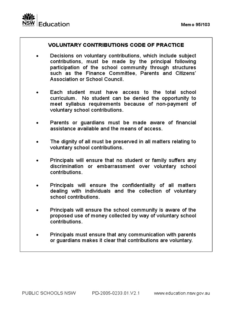 Voluntary Contributions Code of Practice: Memo 95/103 | PDF