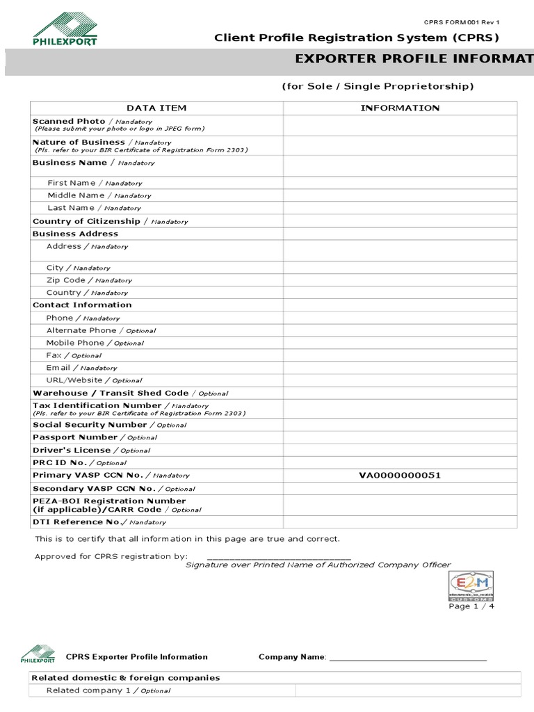 CPRS Form - Sole Proprietorship | PDF | Identity Document | Fax