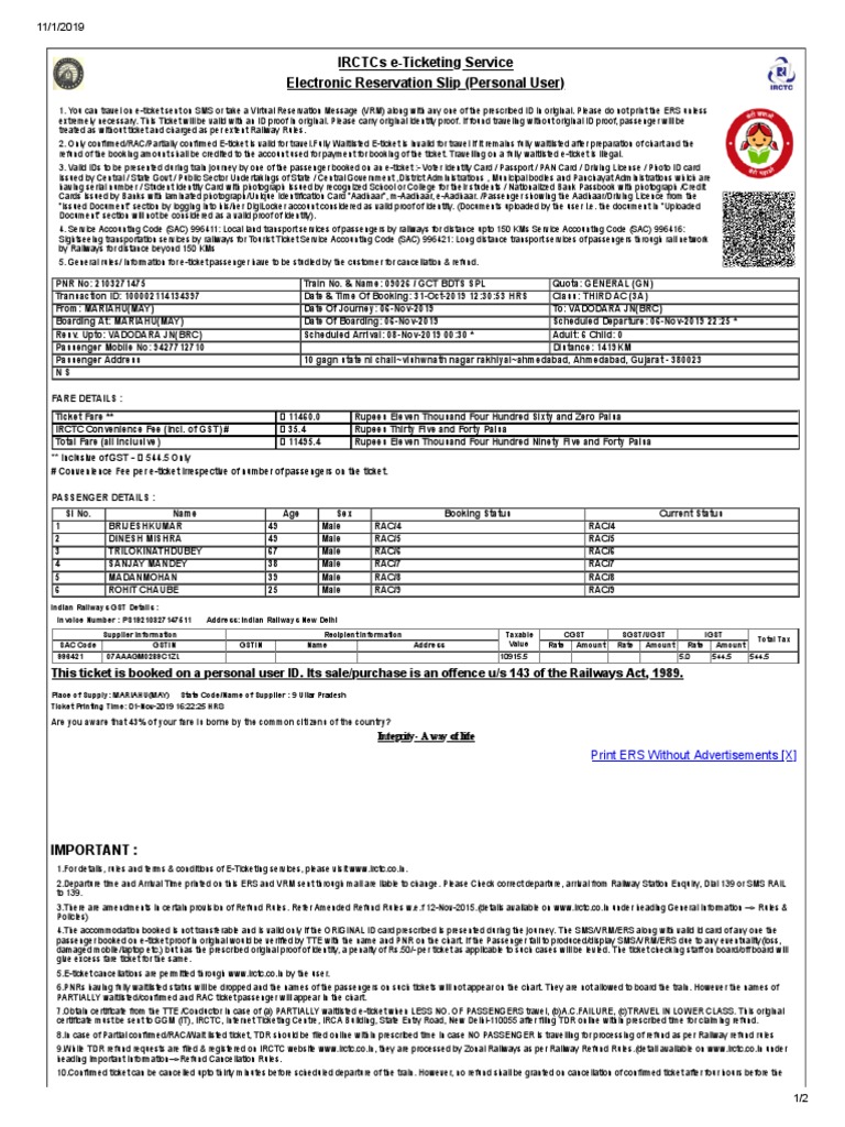 IRCTC e-Ticketing Guidelines and Details | PDF | Identity Document ...