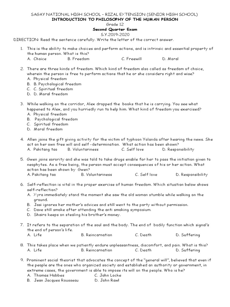 Grade 12 Philosophy 2nd Quarter Exam | PDF | Suffering | Society