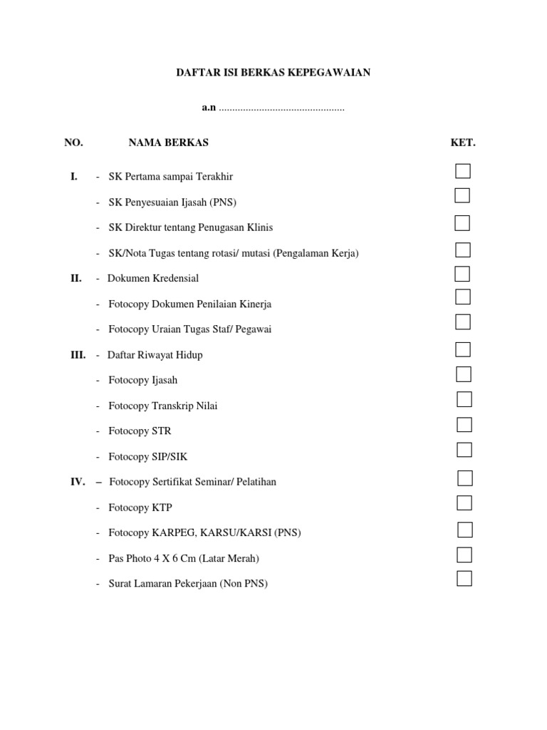Daftar Isi Berkas Kepegawaian | PDF