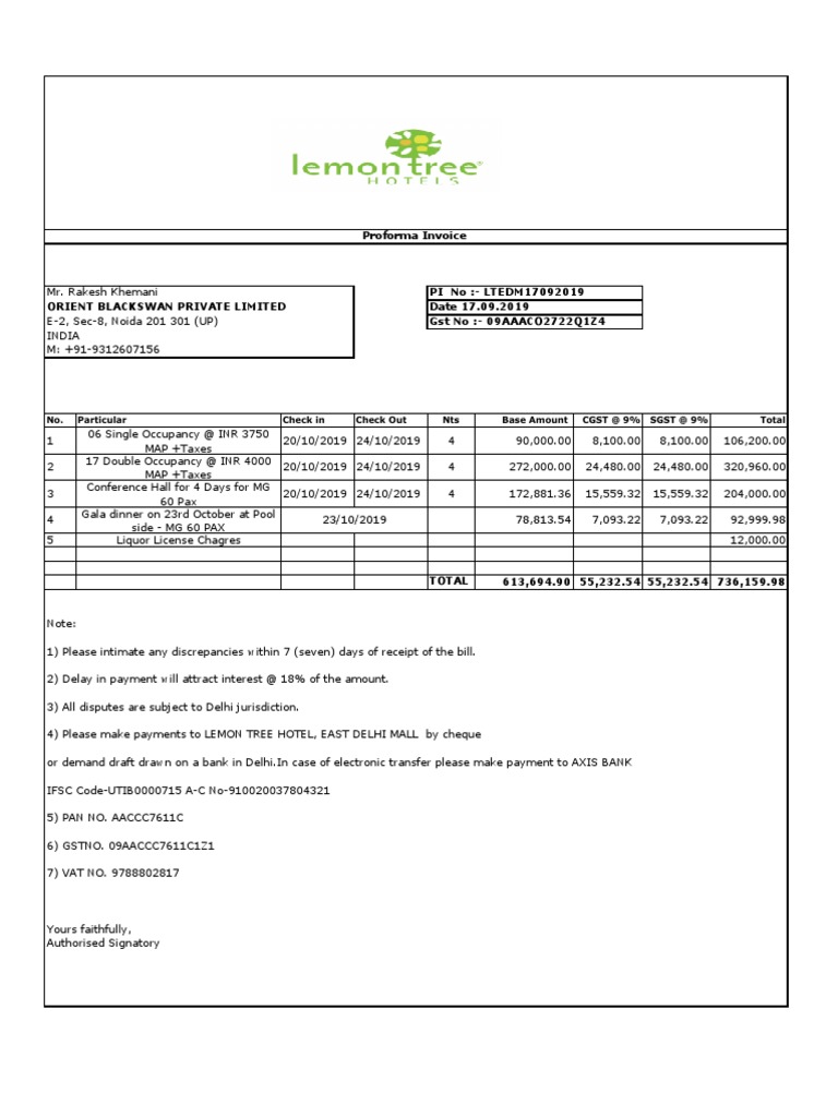 Proforma Invoice: No. Particular Check in Check Out Nts Base Amount ...