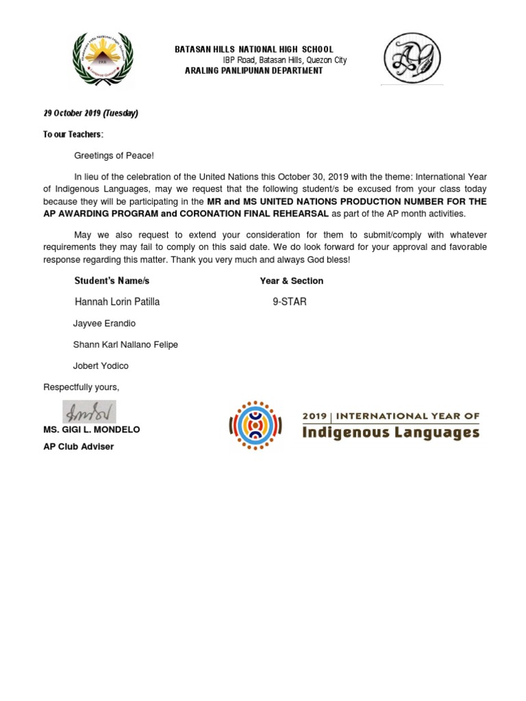 Excuse Letter For UN 2019 | PDF | Sports & Recreation