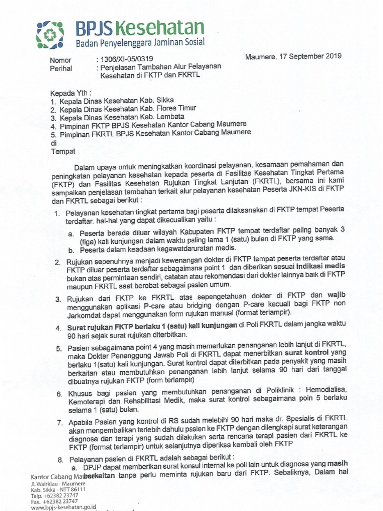 Surat Penjelasan Tambahan Pelayanan Di FKTP Dan FKRTL-1 PDF | PDF