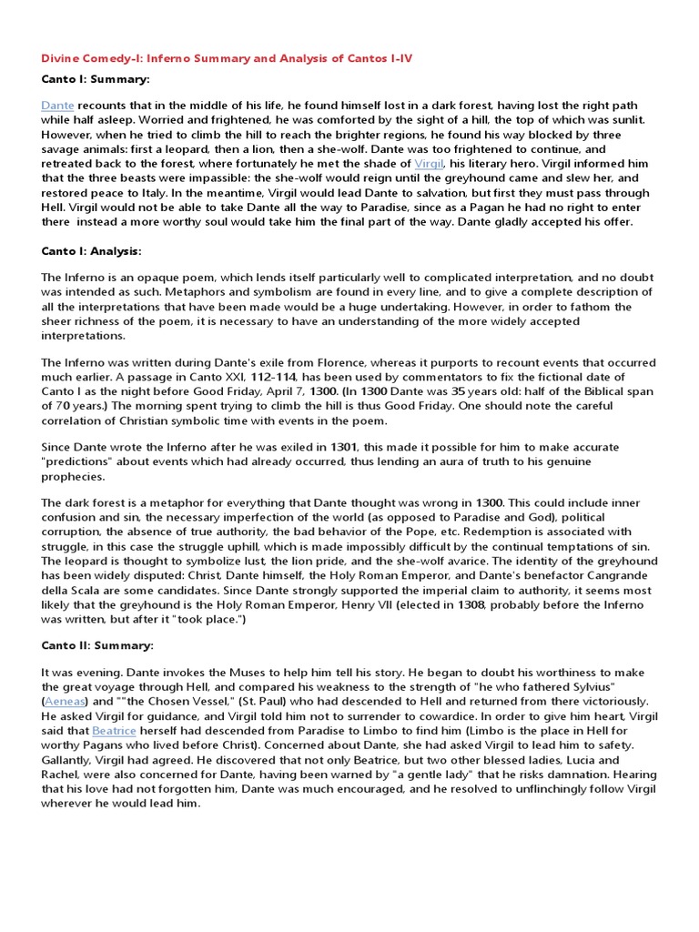 Dante: Canto I: Summary | PDF | Inferno (Dante) | Hell