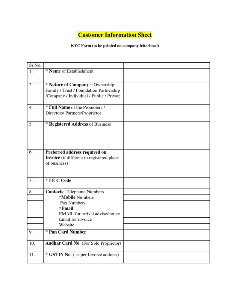 Customer Information Sheet: KYC Form (To Be Printed On Company ...
