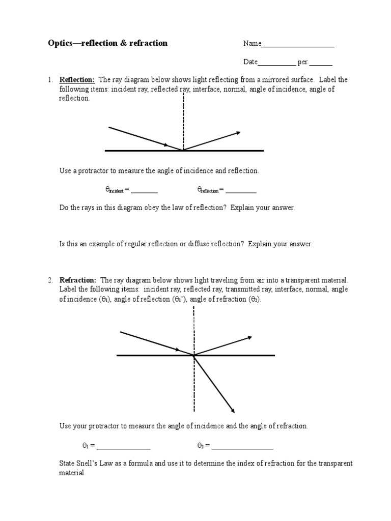 Optics Worksheet | PDF | Reflection (Physics) | Refraction