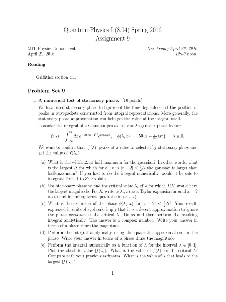 Quantum Physics I (8.04) Spring 2016 Assignment 9: Problem Set 9 | PDF ...