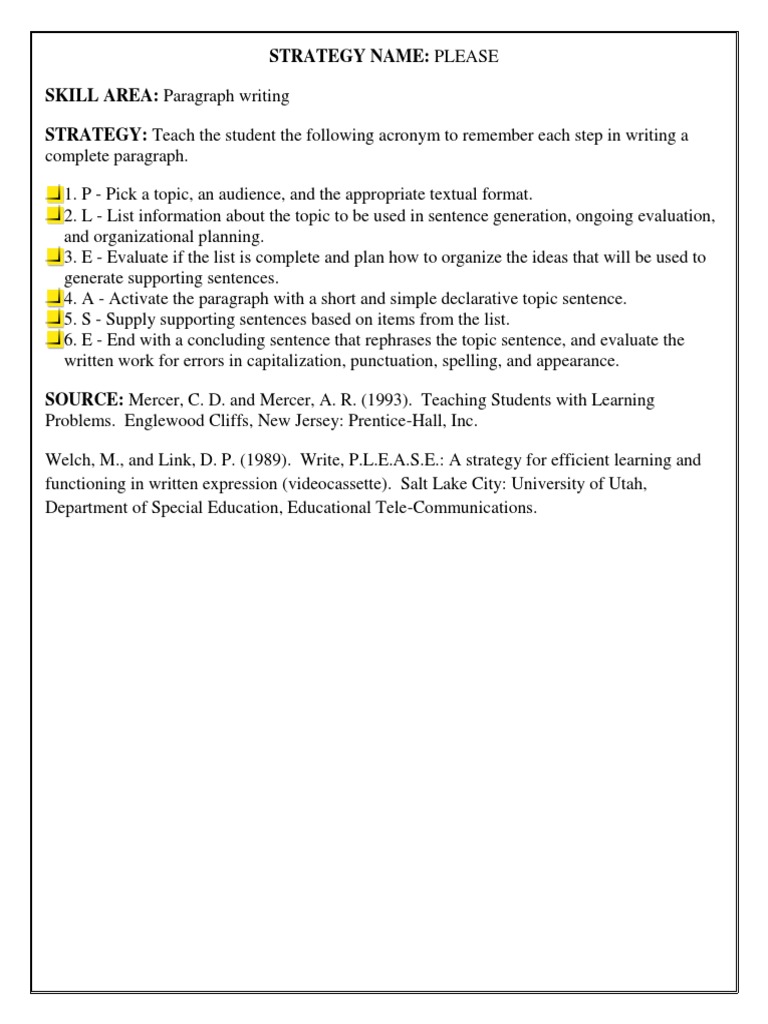 Strategy Name: Please SKILL AREA: Paragraph Writing STRATEGY: Teach The ...