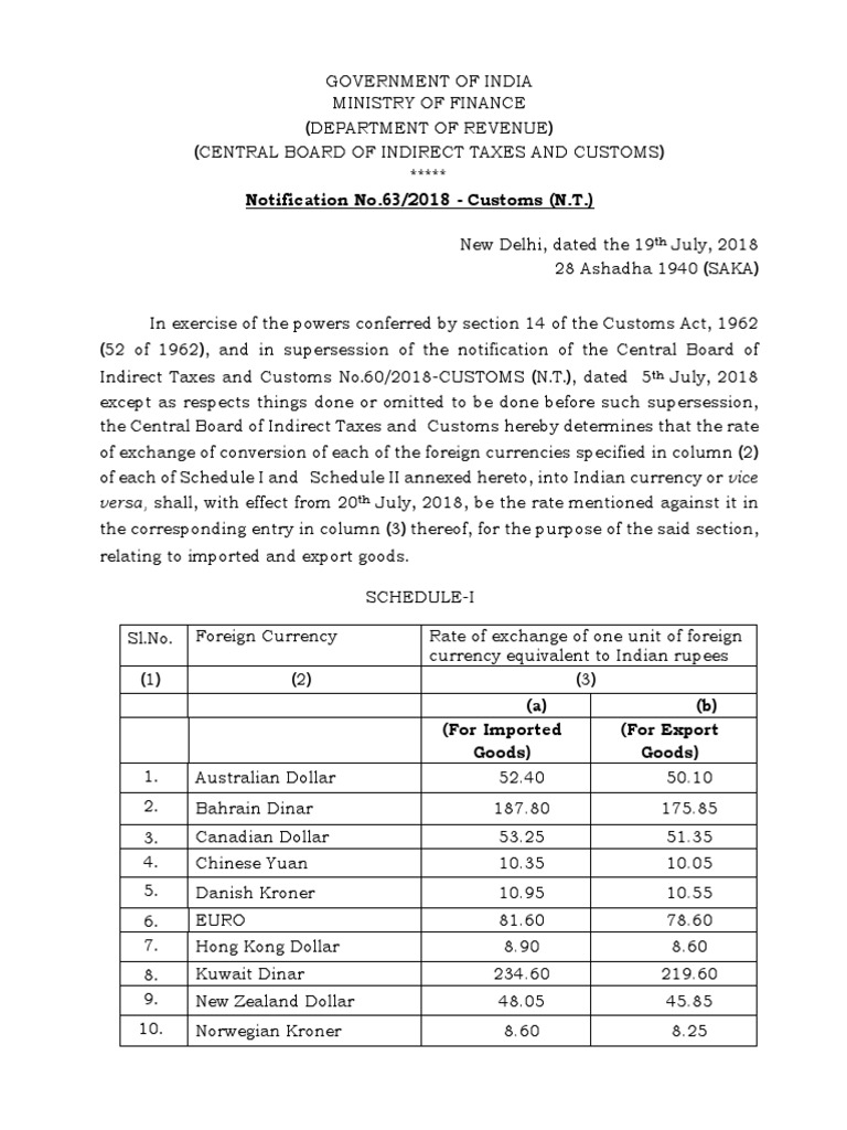 Notification No.63/2018 - Customs (N.T.) : Versa, Shall, With Effect ...
