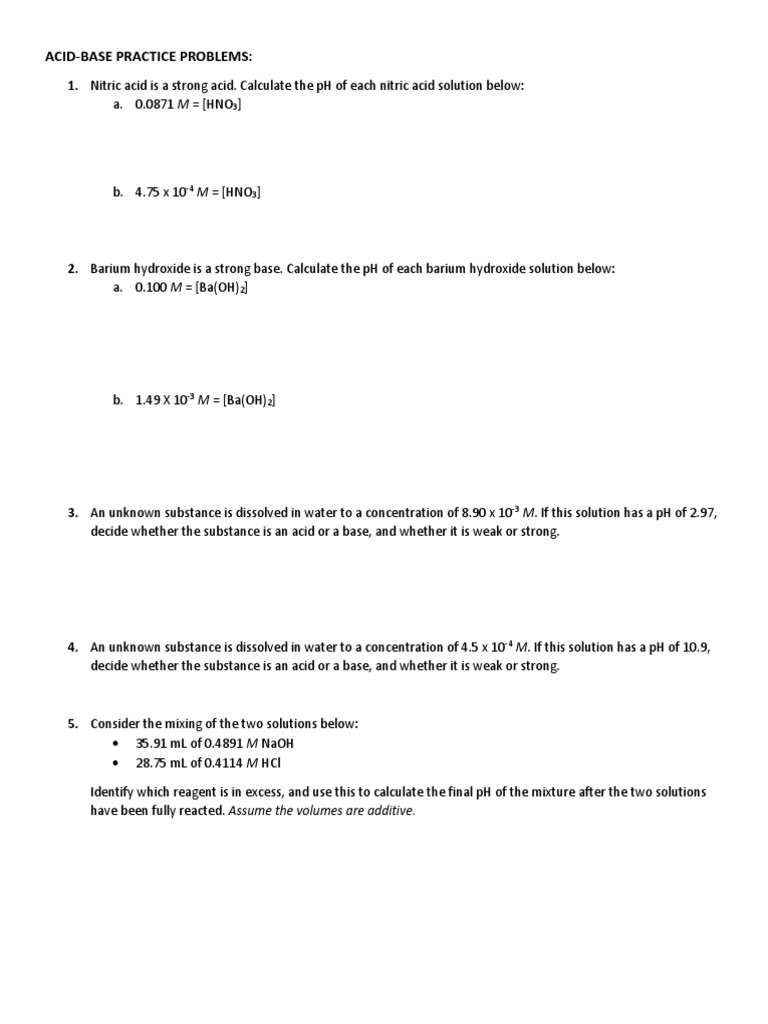 Acid-Base pH Calculation Problems | PDF