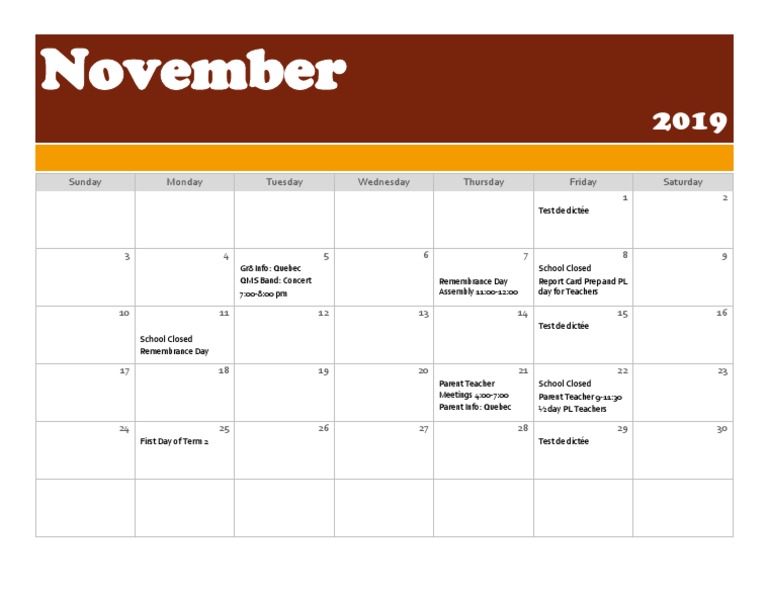 November 2019 School Calendar Events | PDF