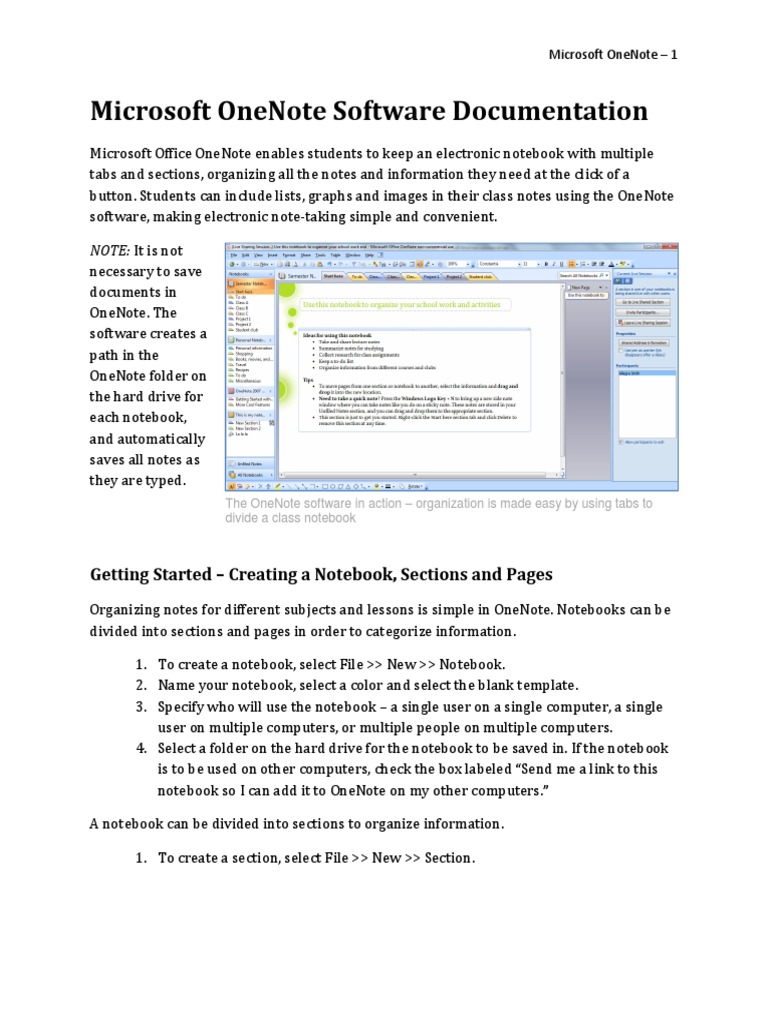 Microsoft Onenote Software Documentation: Getting Started - Creating A Notebook, Sections and ...