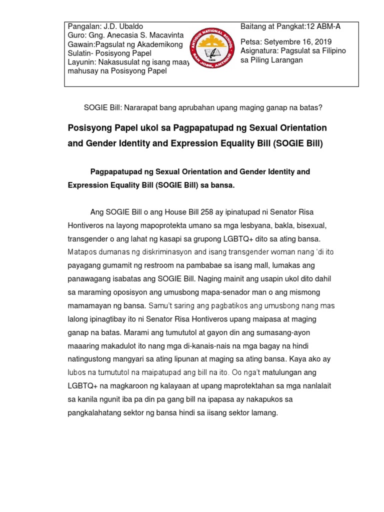 Posisyong Papel Tugkol Sa SOGIE Bill | PDF