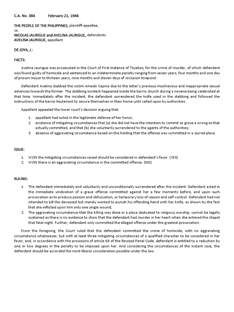 CA No. 384 People V Jaurigue - Digest | PDF | Mitigating Factor | Murder