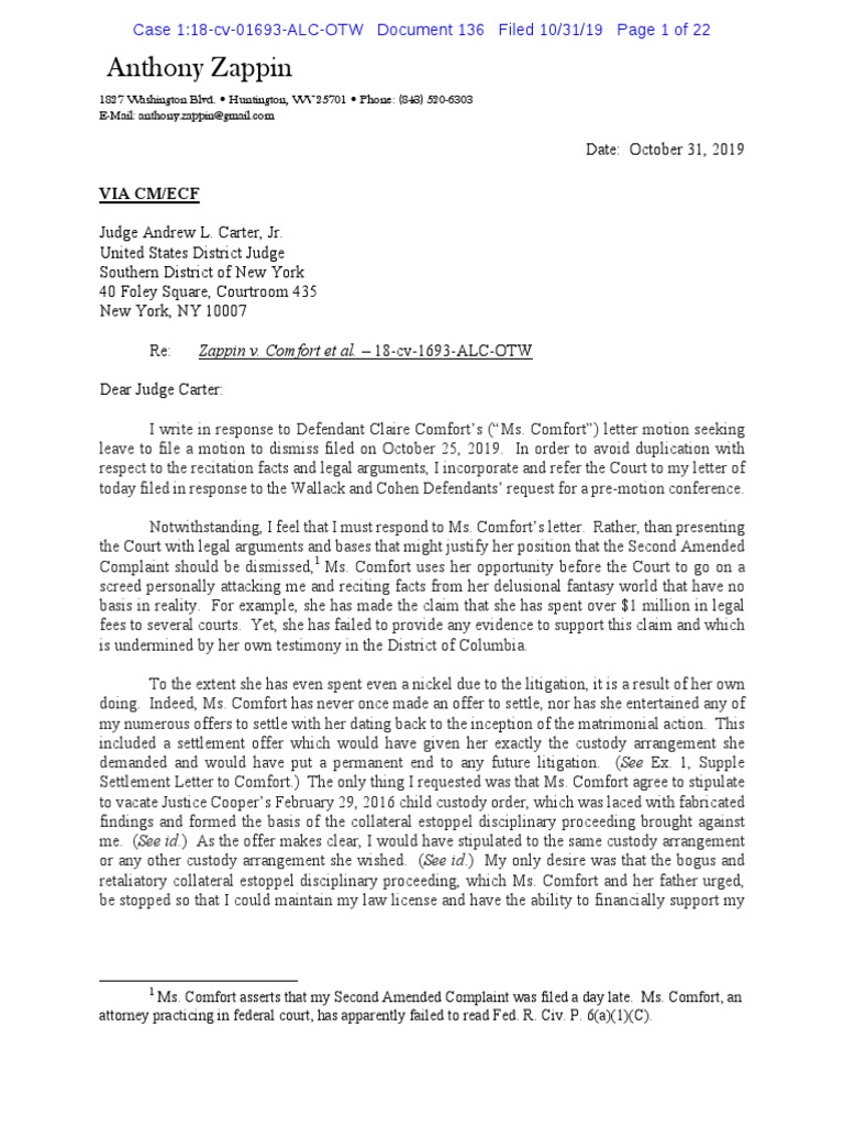 Zappin v. Comfort Et Al. - Docket No. 136, Plaintiff's Letter Response ...