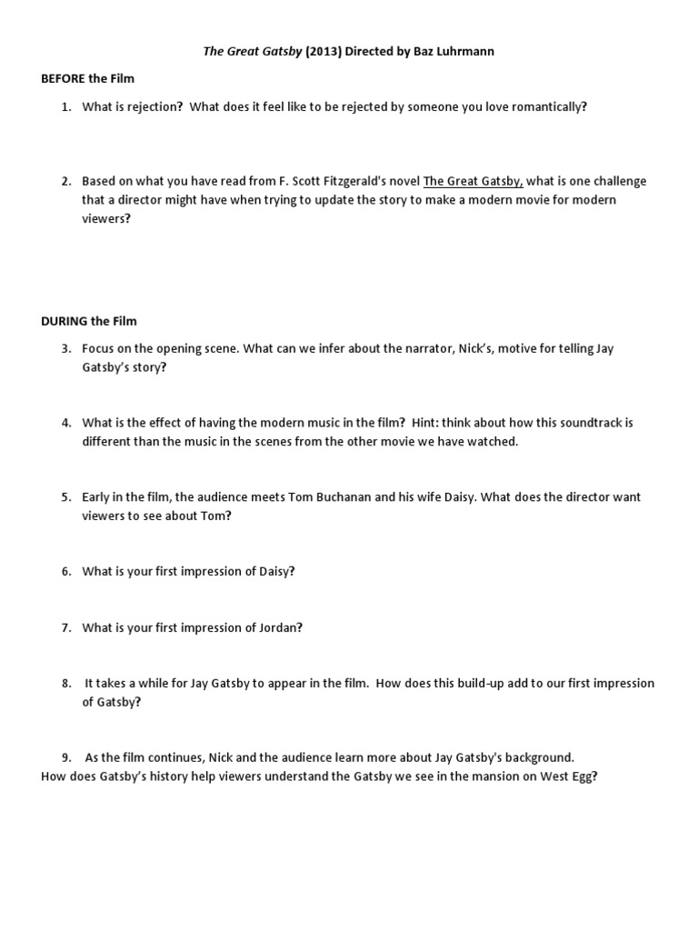 The Great Gatsby 2013 Baz Lehrman Movie Viewing Guide Part 1 | PDF | Art