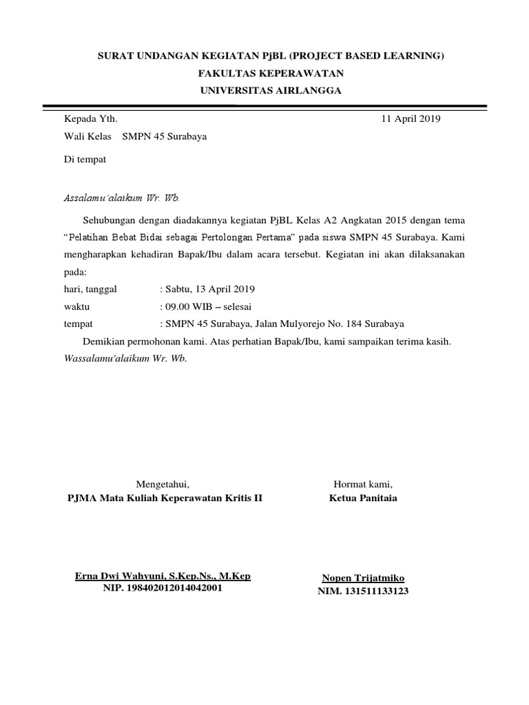 Surat Undangan Kegiatan PJBL (Project Based Learning) Fakultas Keperawatan Universitas Airlangga ...