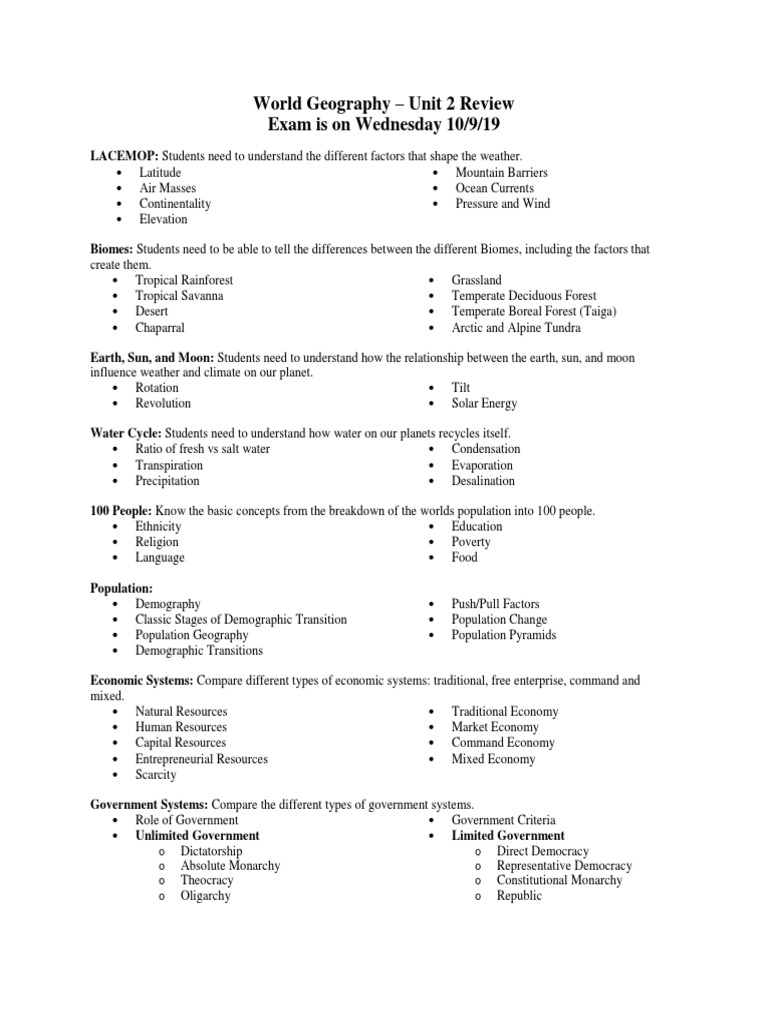 World Geography - Unit 2 Review Exam Is On Wednesday 10/9/19 | PDF ...