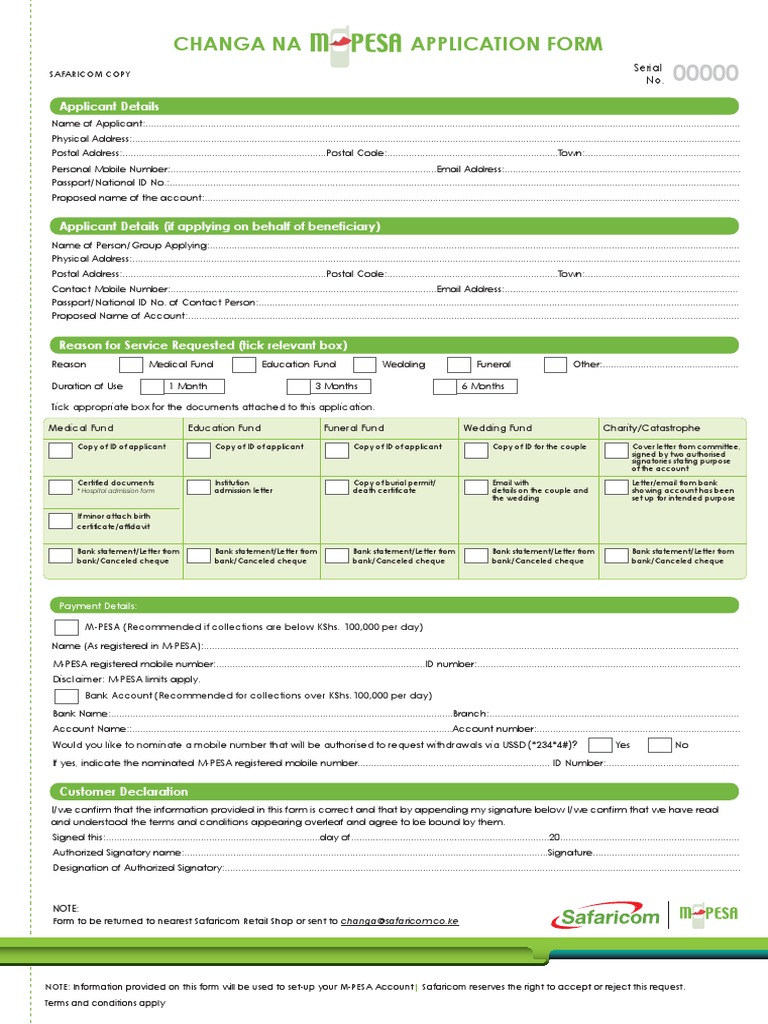 M-PESA Account Application Form | PDF | Indemnity | Financial Transaction