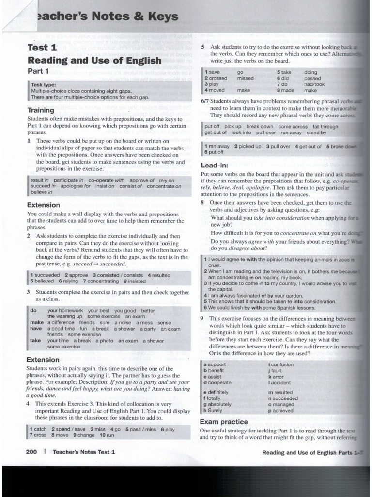 FIRST FOR SCHOOLS Trainer - Teacher's Notes & Keys | PDF