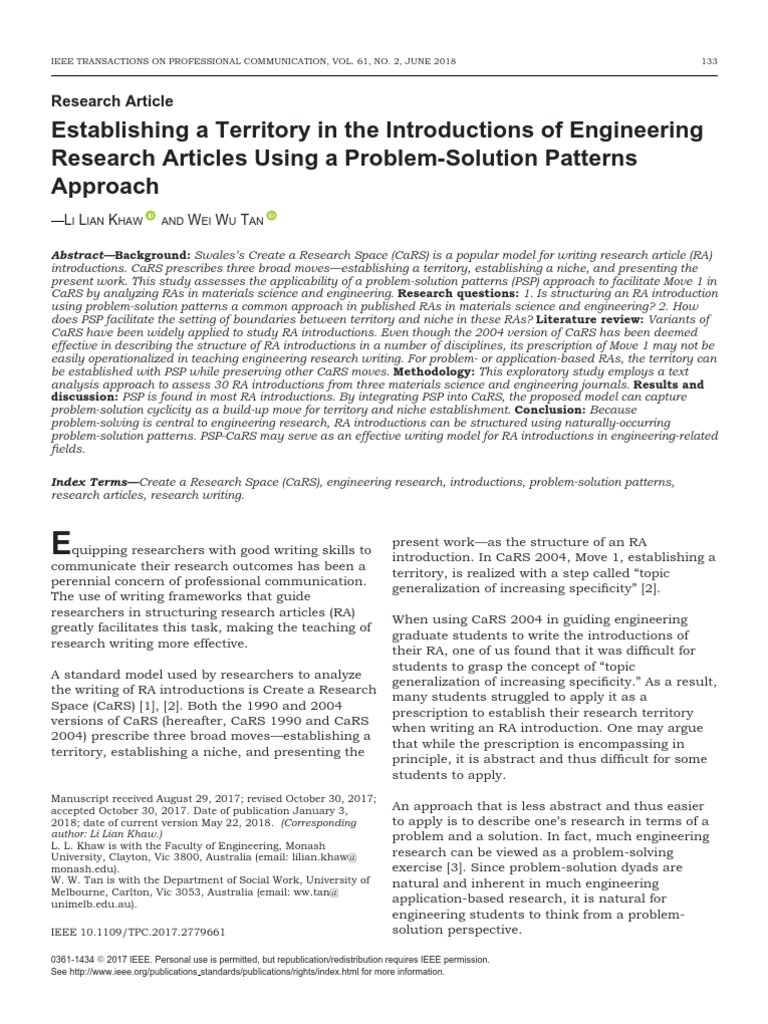 Establishing A Territory in The Introductions of Engineering Research ...