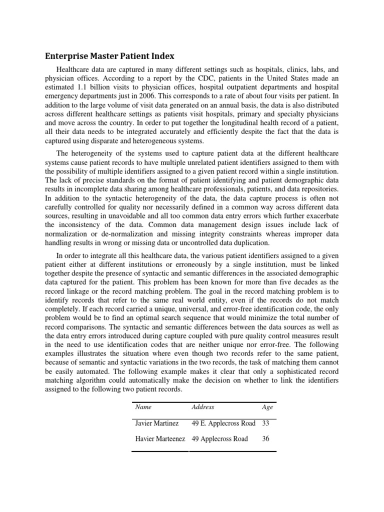 Enterprise Master Patient Index: Name Address Age | PDF | Cluster ...