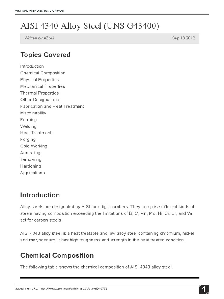 Aisi 4340 Alloy Steel (Uns g43400) | PDF | Heat Treating | Annealing ...