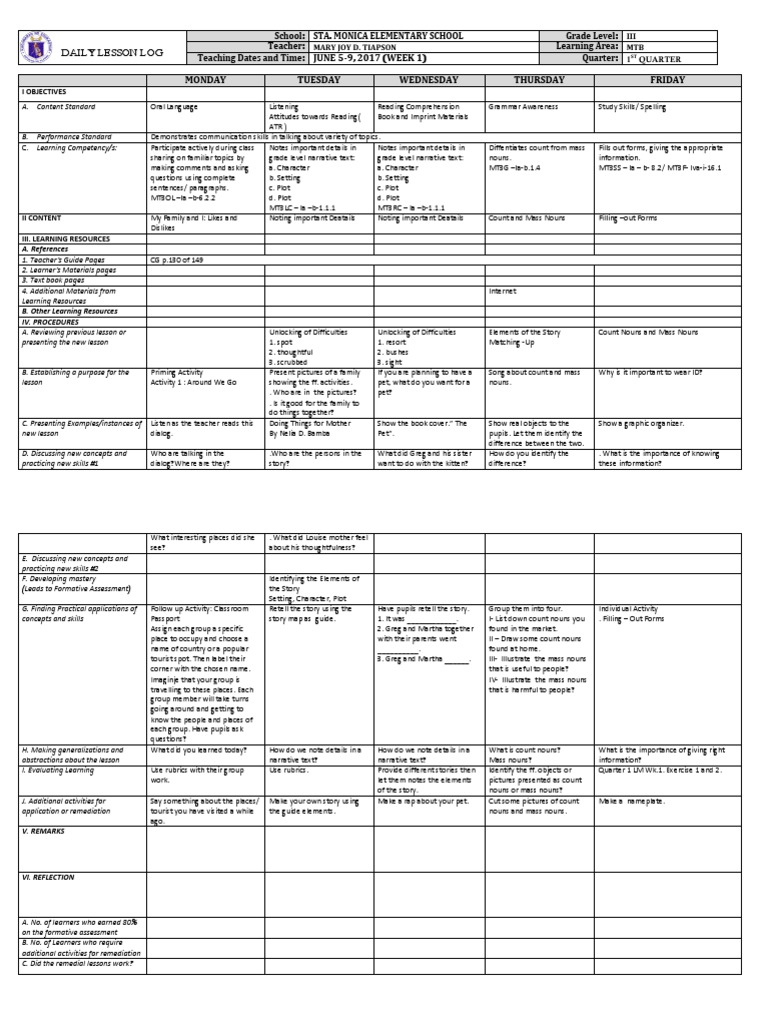 DLL - MTB 3 - Q1 - W1 | PDF | Learning | Teachers