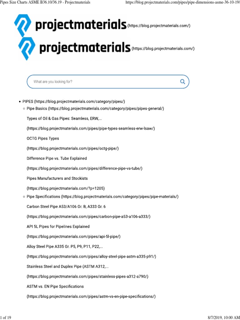 Pipes Size Charts ASME B36.10 - 36.19 - Projectmaterials | PDF ...