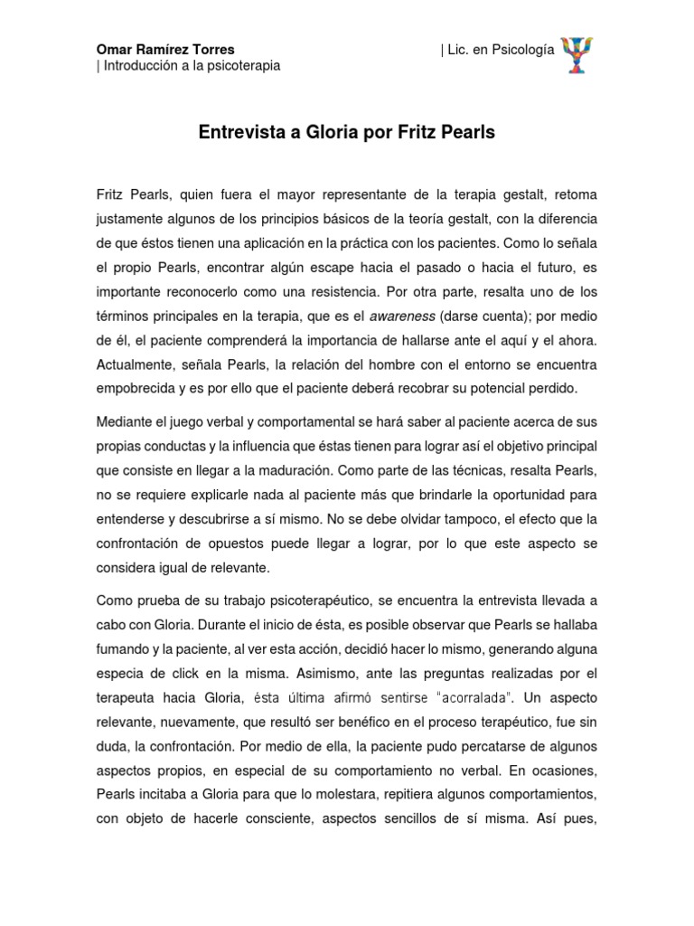 Entrevista A Gloria Por Fritz Pearls | PDF | Terapia Gestalt | Psicoterapia