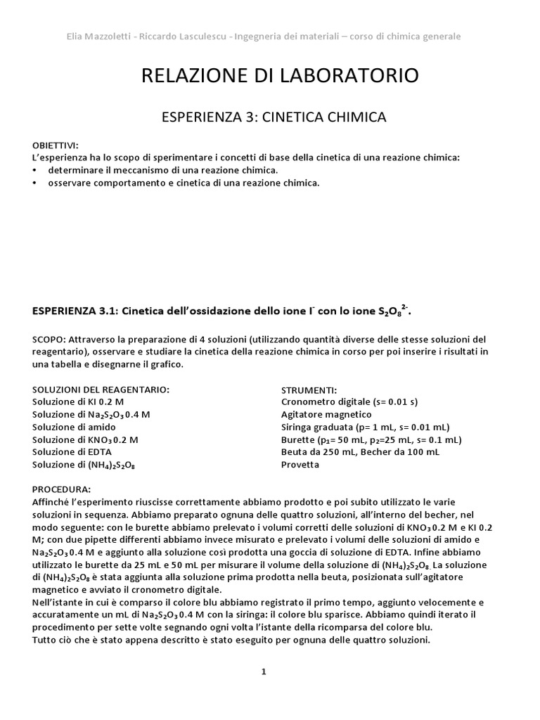 Relazione Di Laboratorio Sulla Cinetica Chimica | PDF