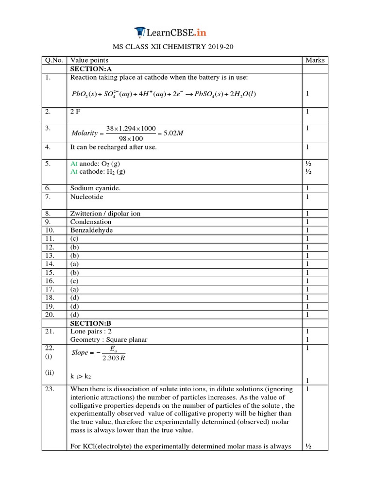CBSE Class 12 Chemistry Marking Scheme 2019-20 | PDF | Chemical ...