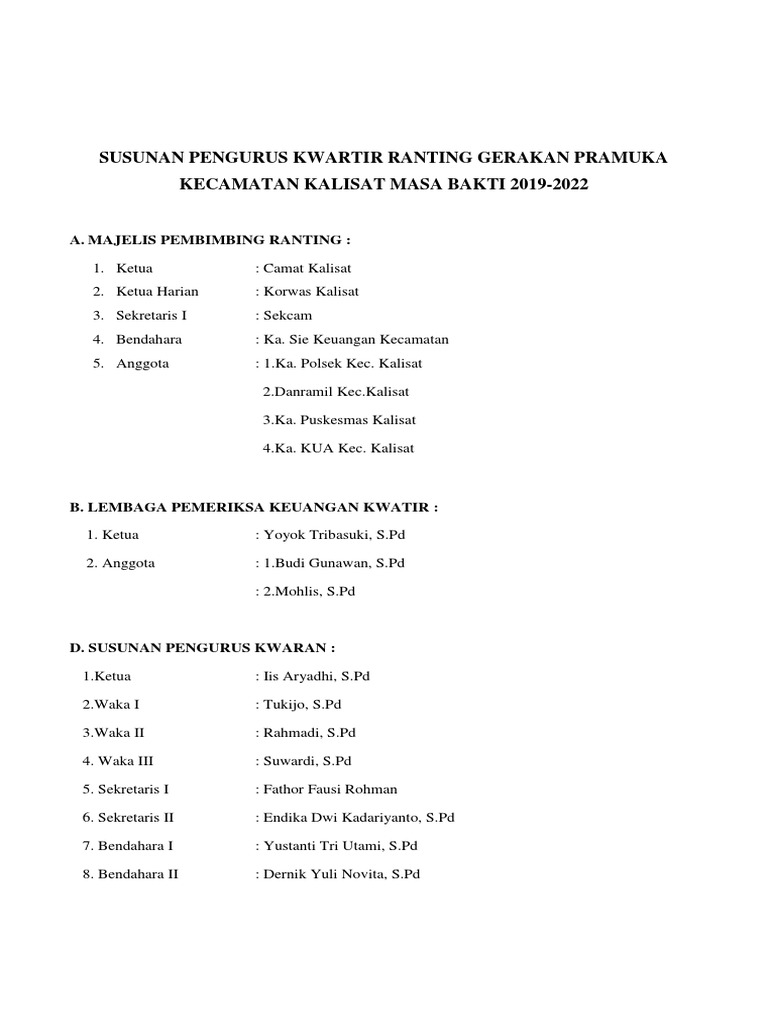 Susunan Pengurus Kwartir Ranting K Gerakan Pramuka | PDF