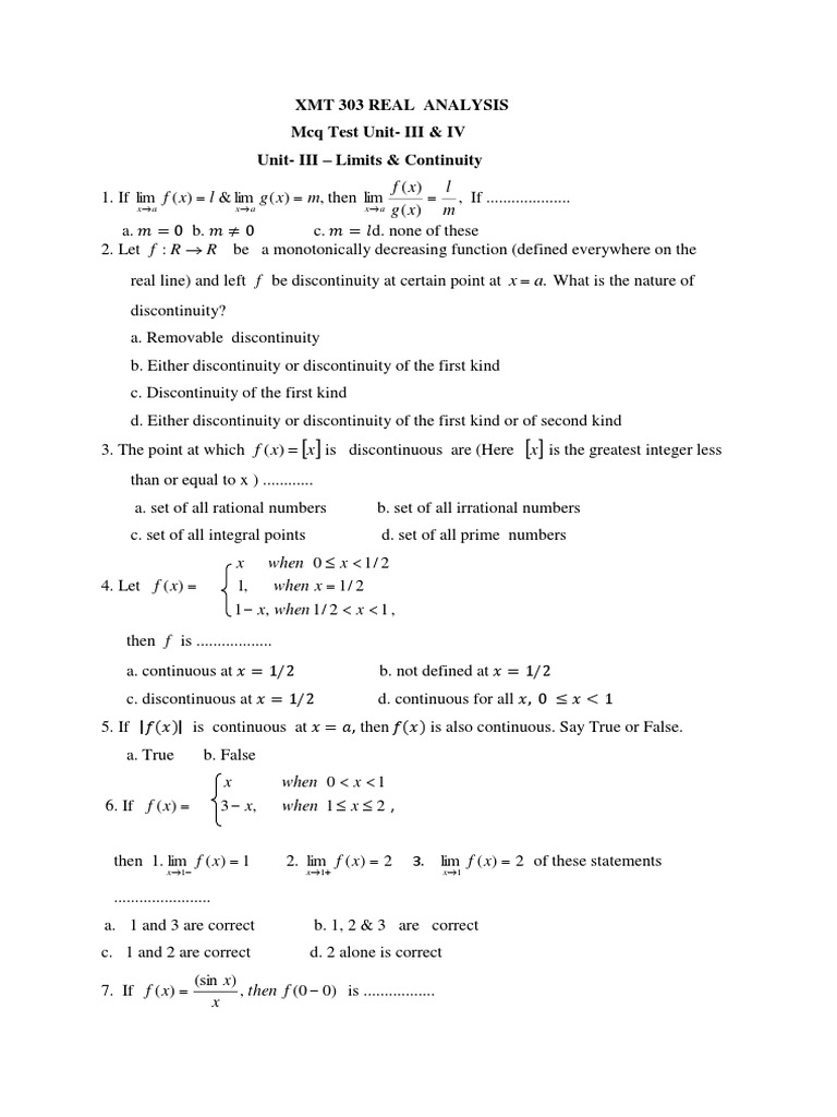 BSC Maths Real MCQ Ca2 Test Qns | PDF | Continuous Function | Function ...
