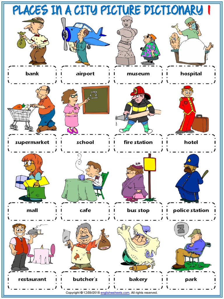 Places in A City Vocabulary Esl Picture Dictionary Worksheets For Kids ...